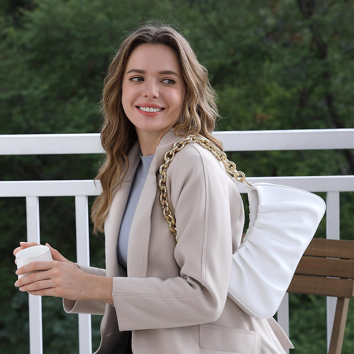 JOLLQUE Shoulder Bag for Women,Small Leather Dumpling Bags Handbag Purse,Gold Chain Evening Clutch Purses with Heavy Aluminum Metal Chain(White)