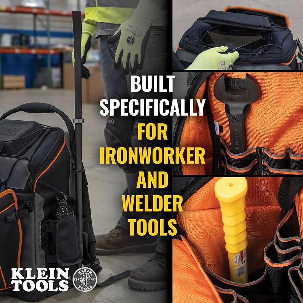 Ironworker and Welder Backpack, Fire Resistant Exterior, 27 Pockets, Hold Welding Helmet, Hard Hat, 36-Inch Connecting Bar