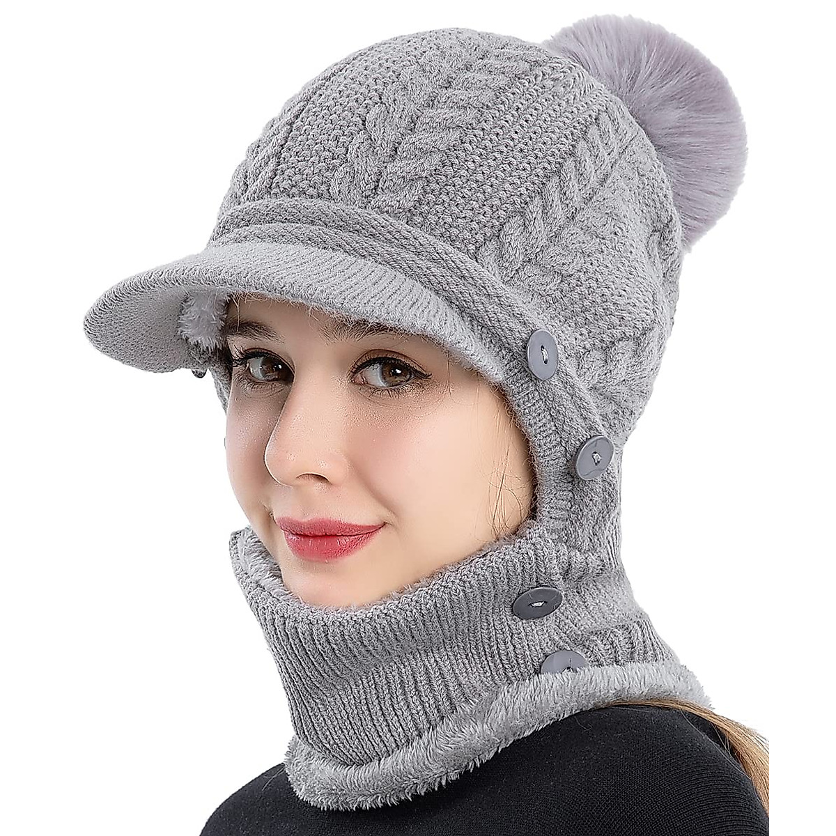 Women One Piece Slouchy Fleece Beanie Hats Scarf Mask Warm Winter Knitted Hat Thick Skull Ski Cap