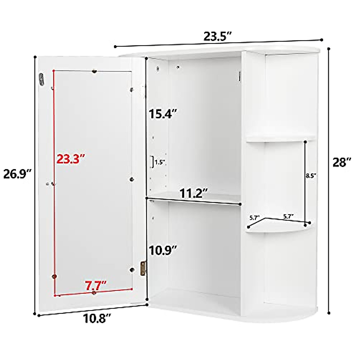 SUPER DEAL Bathroom Cabinet with Single Mirror Door Wall Mount Medicine Cabinet with Inner Adjustable Shelves Wooden Storage Organizer