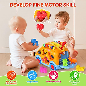 Toy Cars for 1 Year Old Boy Gifts Baby Toys 12-18 Months, Musical Learning Toys for Toddlers 1-3, Educational Baby Bus with Animal Blocks, Christmas Birthday Gift for 1 2 3 4 Year Old Boys Girls Kids