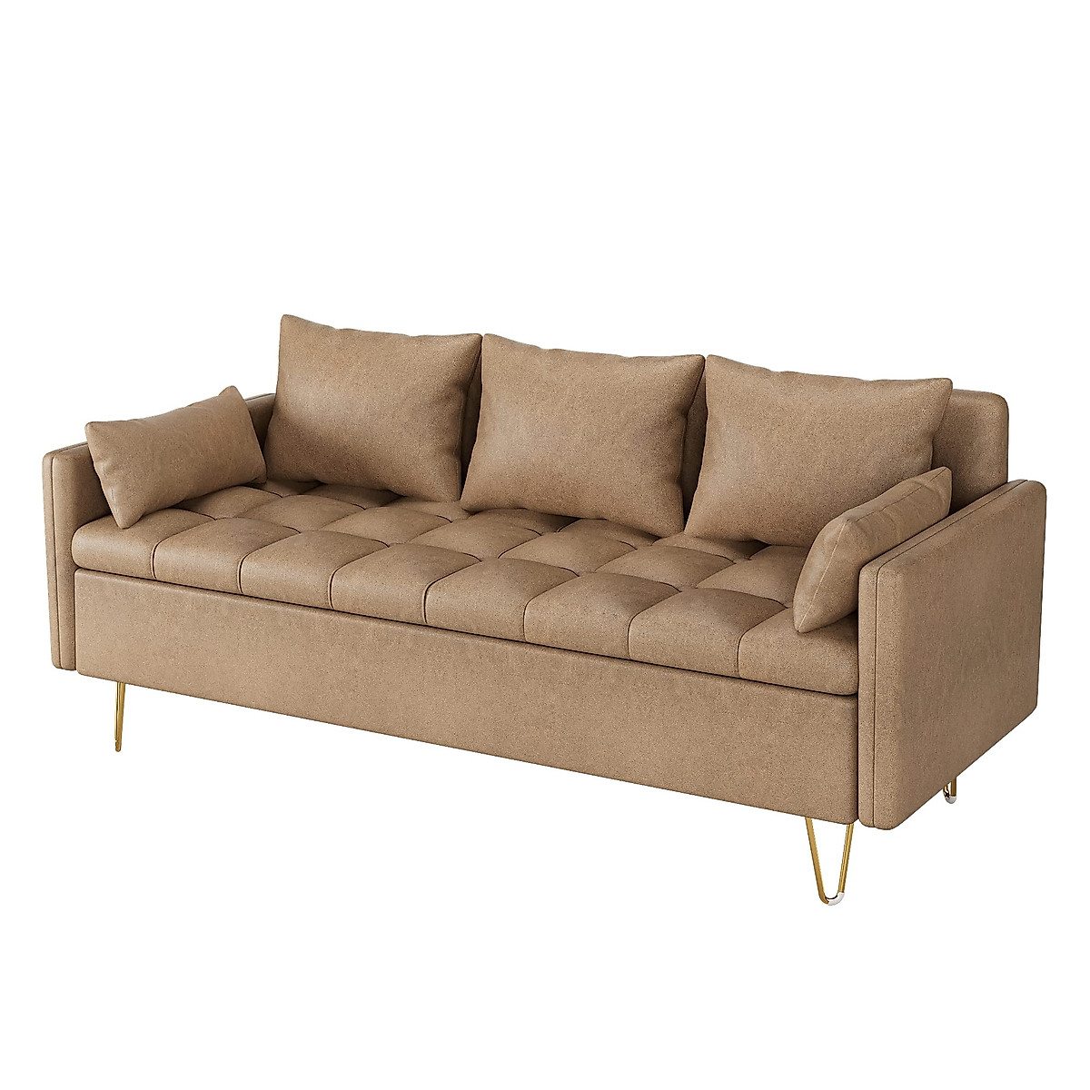 Senfot Sofa Couch Faux Leather 3-Seater Sofas with Hand Stitched Comfortable Cushion, Modern Design with Gold Metal Legs and Lift-Up Storage for Living Room in Light Brown
