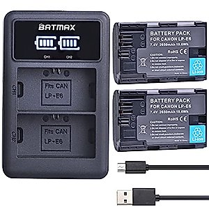 Batmax 2Pcs 2650mAh LP-E6 LP-E6N Battery + LED Dual Charger for Canon EOS R, R5, R6, Ra, XC10, XC15, 5D Mark II/III/IV, 5DS, 5DS R, 6D, 6D Mark II, 7D, 7D Mark II, 70D, 80D, 90D,Blackmagic 4K/6K