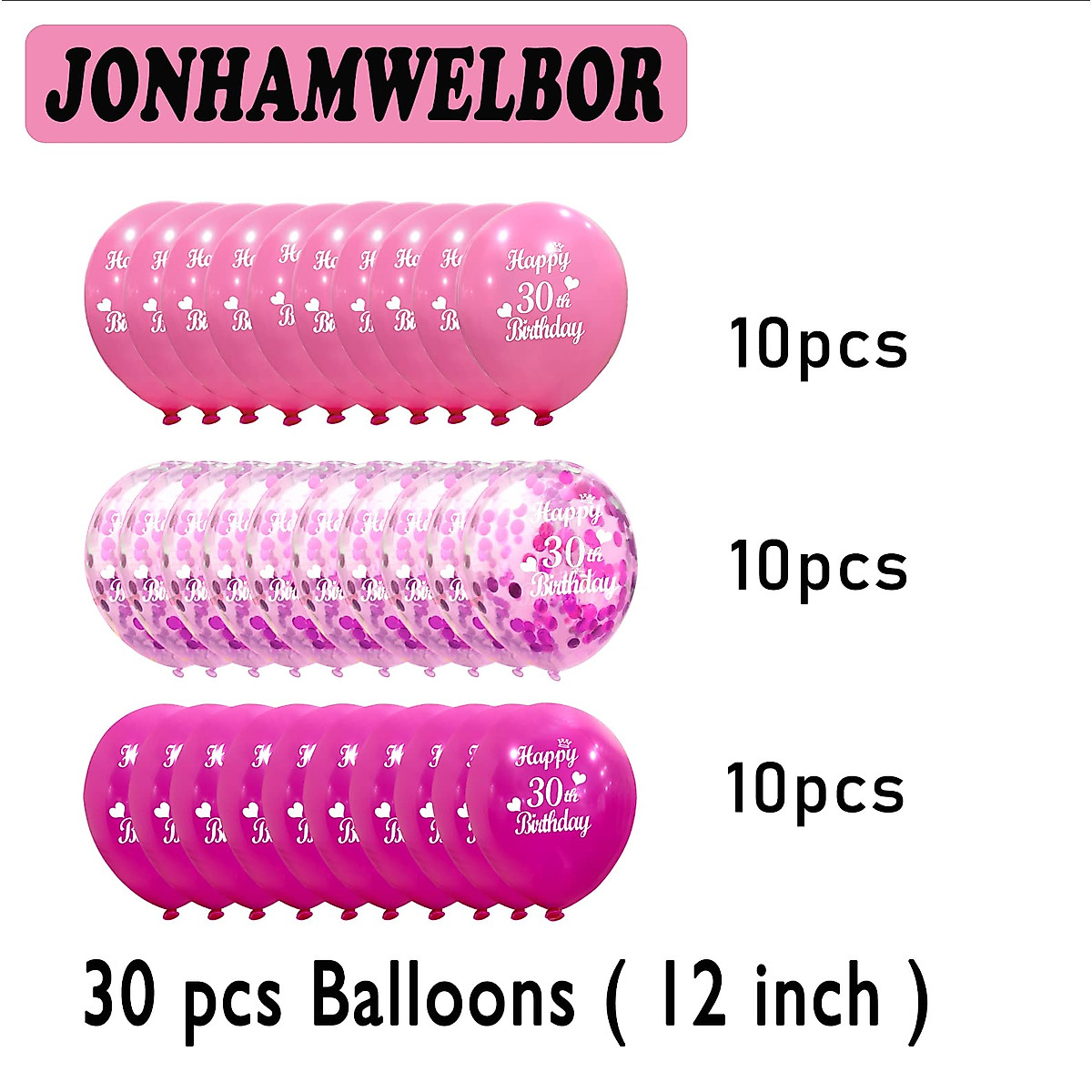 JONHAMWELBOR Happy 30th Birthday Balloon (30pcs 12inch) Hot Pink and Pink Latex Inflatable Confetti Anniversary Party Helium Balloons Decorations Supplies for 30 Year Old Women,Her,Daughter,Sister