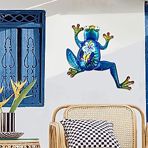 John's Studio Frog Wall Decor Outdoor Metal Garden Hanging Art Glass Sculptures Home Theme Decorations for Living Room, Bedroom Yard, Fence and Patio - 14 Inch Blue
