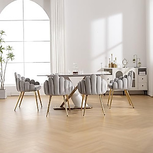 HEAH-YO Dining Chairs Set of 4, Upholstered Velvet Dining Room Chairs with Barrel Backrests and Gold Metal Legs, Comfy Accent Side Chairs for Living Room Kitchen, Grey