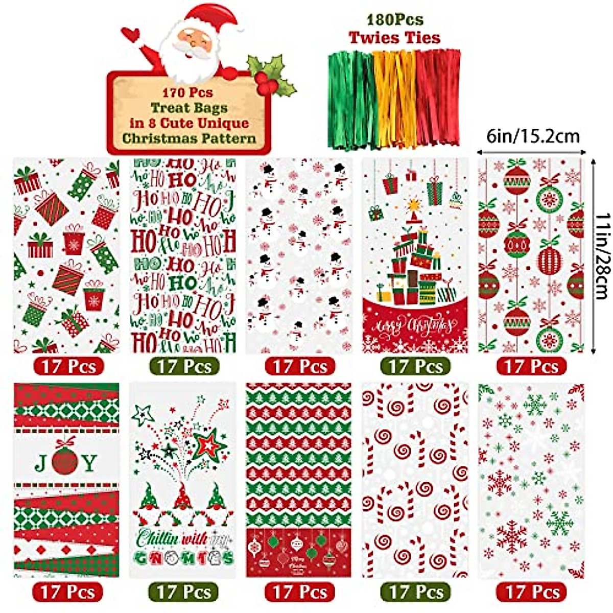 Colorbib Christmas Cellophane Bags 170pcs with 180pcs Treat Bags with Twist Ties Gnome and Christmas Ball Pattern Snack Bags for Christmas Party Supplies Candy Goodie 10 Assorted Styles