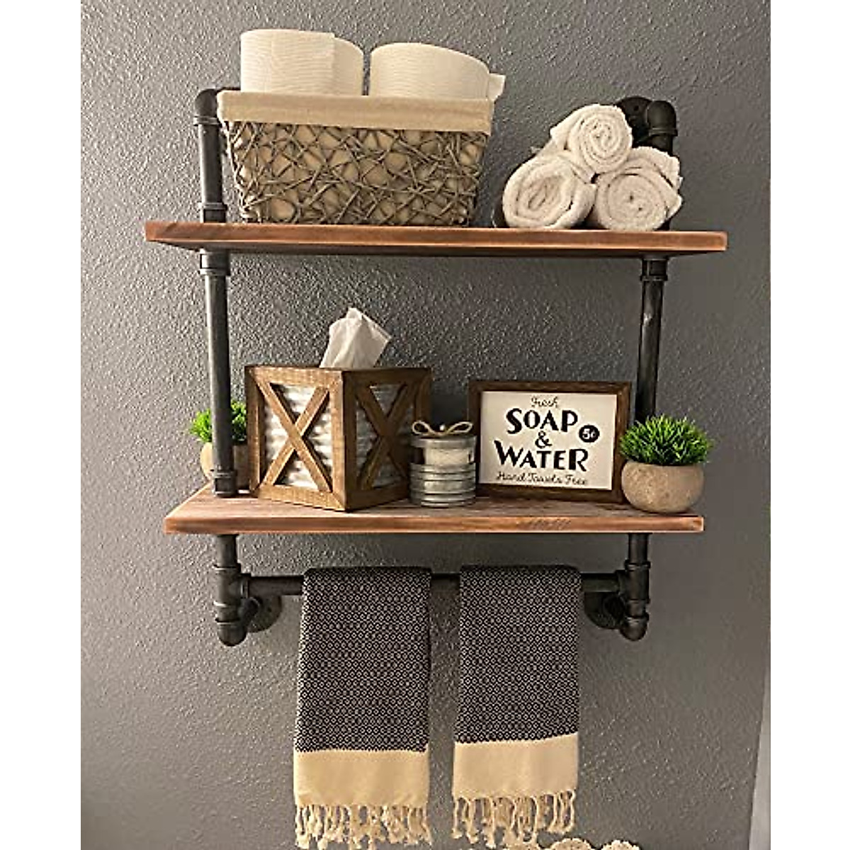 SSS Furniture Industrial Pipe Shelving Bathroom Floating Shelves Wall Mounted, 2 Tier 24 inch Rustic Wood Shelf with Towel Bar, Farmhouse Towel Rack Bathroom Shelf Over Toilet