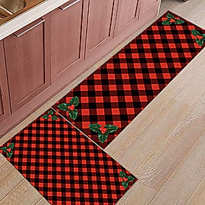 FDECOR Christmas Kitchen Mats Set of 2, Christmas Red Lattice Berry Cushioned Rugs Floor Mats for Kitchen Laundry,Non Slip Farmhouse Kitchen Runner Rugs Comfort Standing Mat, 19.7x31.5in+19.7x63in