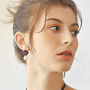 Fashion Design Faux Pearl Charm Flower Dangle Drop Earrings Studs For Women (Black)