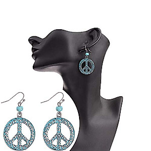 Antique Vintage Bronze Round Peace Love Sign Symbol Hook Earring Carving Filigree Flower Drop Earring Women Jewelry (Retro Blue)
