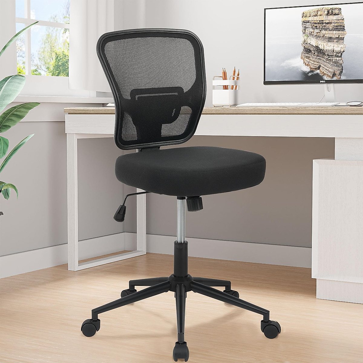 Armless Desk Chair Height Adjustable Computer Chair Ergonomic High Back Task Swivel Chairs with Wheels Rolling Office Stool Chair for Small Spaces Home Bedroom Study, Black