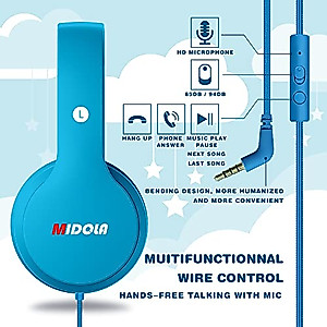 MIDOLA Kids Headphones Wired Over Ear Foldable Volume Limit 85dB /110dB Light Foldable Headset with Inline AUX 3.5mm Mic for Child Boy Girl Travel School Gaming Pad PC Laptop Tablet Blue