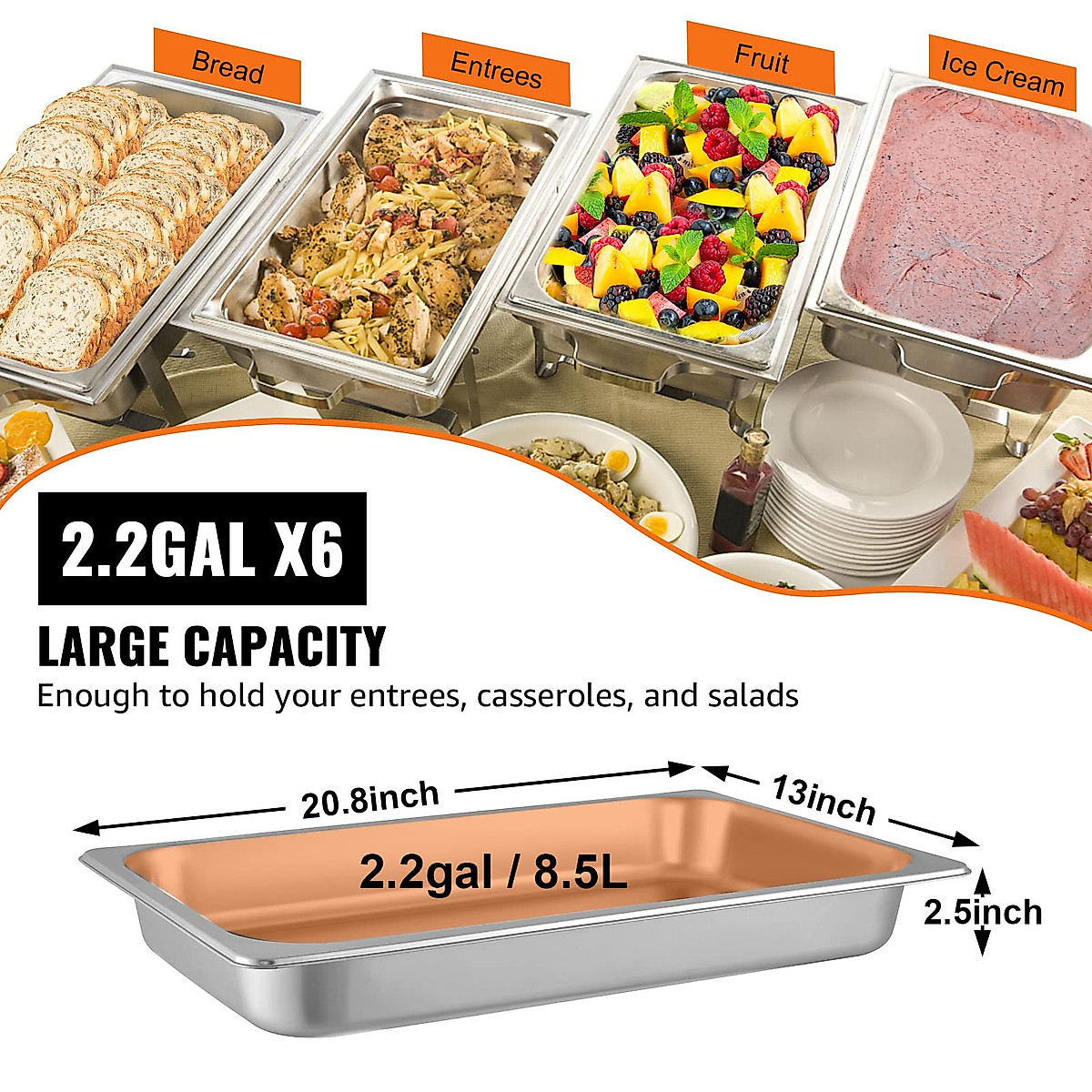 Mophorn Hotel Pans Full Size 2.5 Inch Deep, Steam Table Pans 6 Pack, 22 Gauge/0.8mm Thick Stainless Steel Hotel Pan Anti Jam Steam Table Pan