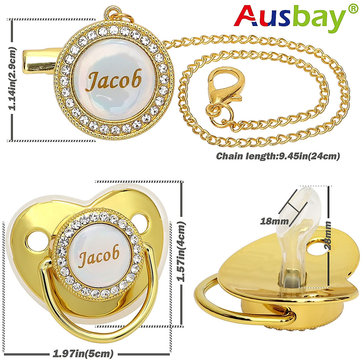 Personalized Pacifier Set with Name, BPA Free, Bling Gold Silver Pink Rose Gold Luxurious Ideal Gift for Newborns (Rose Gold)