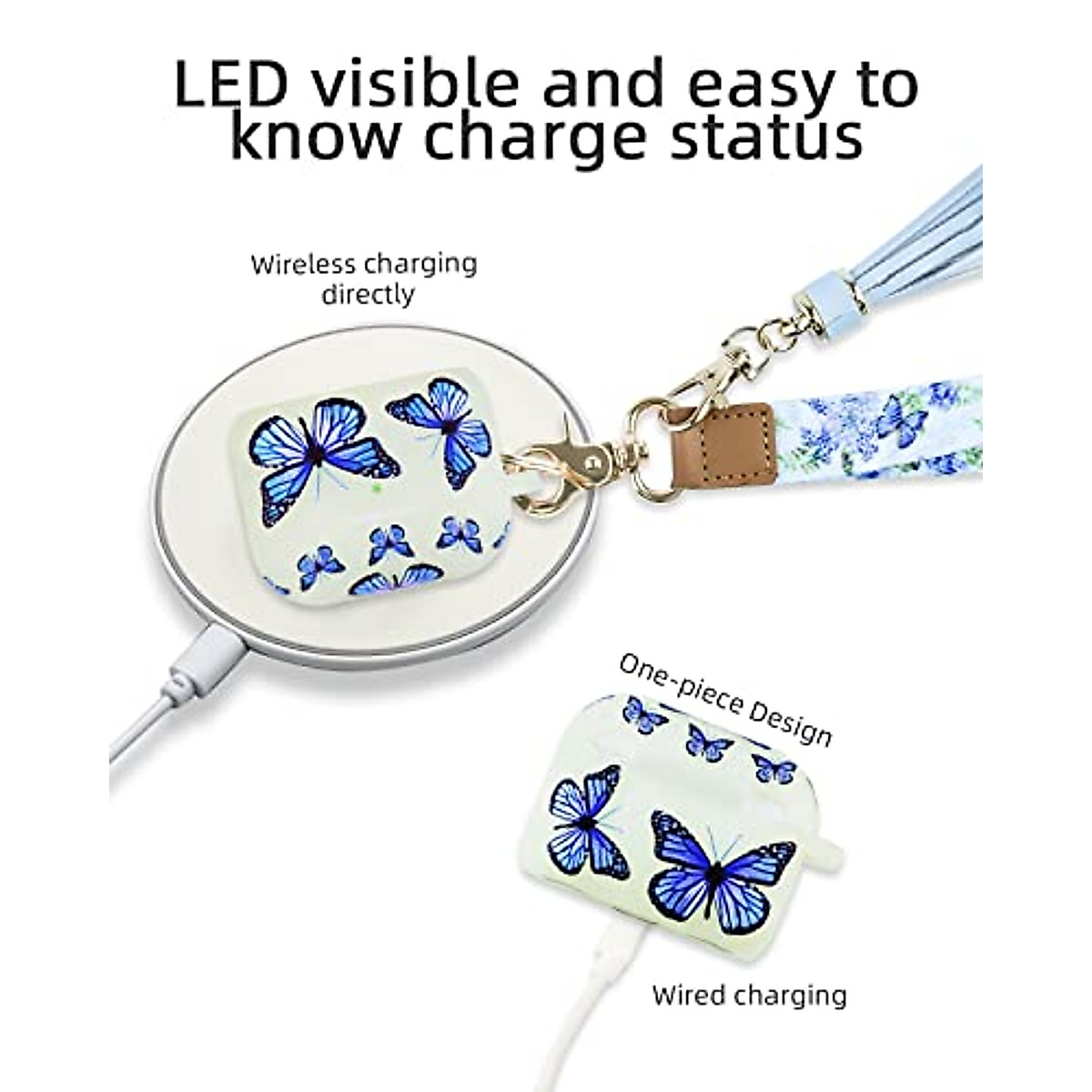 AirPod Pro Case with Keychain Wristlet, OULRAEFS Soft Silicone Skin Case Cute AirPods Pro Case Protective Case Cover with Wrist Key Lanyard for Airpods Pro 2019, Gifts for Women, Butterfly(Luminous)