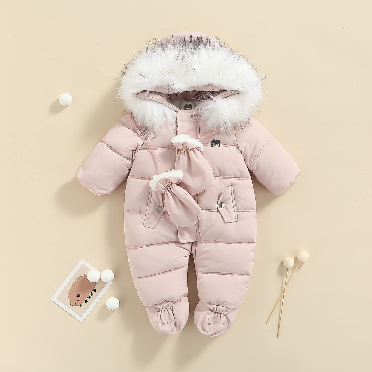 WALLARENEAR Infant Baby Boys Girls Winter Snowsuit Romper Hoodied Footie Outwear Toddler Jumpsuit Down Coat Jacket with Gloves (Pink, 12-18 Months)