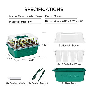 VIVOSUN 6-Pack Seed Starter Trays, 72-Cell Seed Starter Kit with Humidity Dome, Flat Reusable Plant Germination Trays with Drain Hole, Green Propagation Tray for Planting Seeds