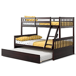 Giantex Twin Over Full Bunk Bed with Trundle, Solid Wood Bunk Bed with Ladder and Guardrails, Convertible to 2 Beds, Triple Bunk Beds for Kids Teens Adults, No Box Spring Needed, Espresso
