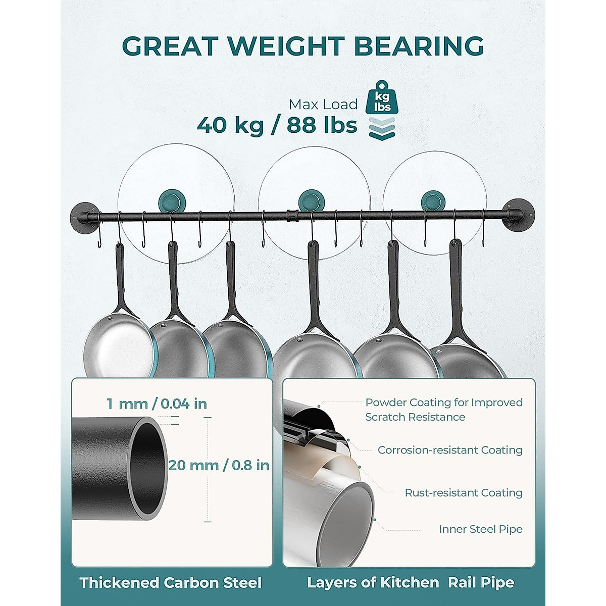 OROPY 39 inch Pot Bar Rack Wall Mounted Detachable Pans Hanging Rail Kitchen Lids Utensils Hanger with 14 S Hooks Black