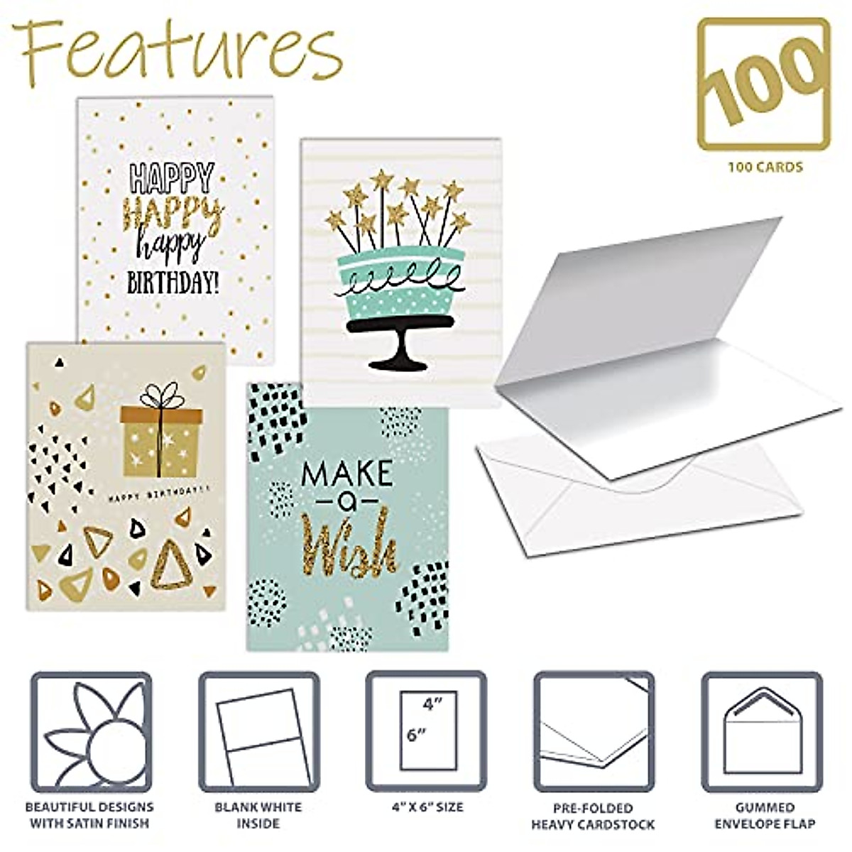 Happy Birthday Cards, 100-Pack, 4 x 6 inch, 4 Cover Designs, Blank Inside, by Better Office Products, with Envelopes, Elegant Gold Collection, 100 Pack