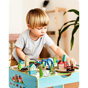 SainSmart Jr. Wooden Train Activity Table 116pcs, 3-in-1 Kids Playset with Large Building Blocks, Track Set and Reversible Top for Toddlers
