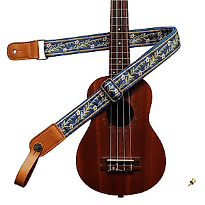 MUSIC FIRST Original Design Vintage Blue “Jasmine” Soft Meshbelt & Genuine Leather Ukulele Strap Ukulele Shoulder Strap With a Genuine Leather Strap Locker