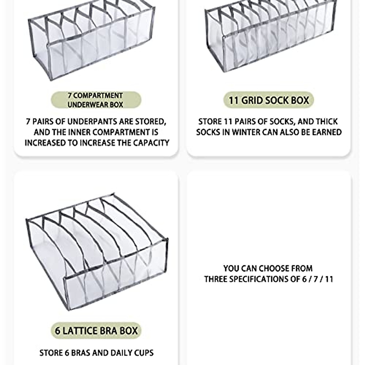 Underwear Storage Boxes Compartment - Mesh Underwear Socks Storage Box,Foldable Closet Clothes Dividers, for Bras Socks Underpants Panties and Ties Organization (7, Gray)