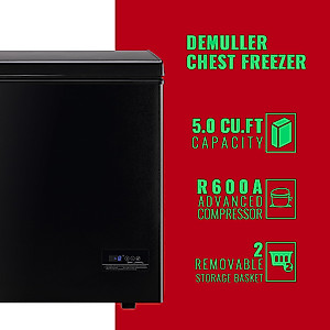 DEMULLER Chest Freezer 5.0Cubic Feet Deep Freezer Freestanding Freezers with 2 Removable Stainless Steel Basket, Mini Freezer Top Open Door Compact Freezer with Electronic Control 41℉ to -15℉BLACK