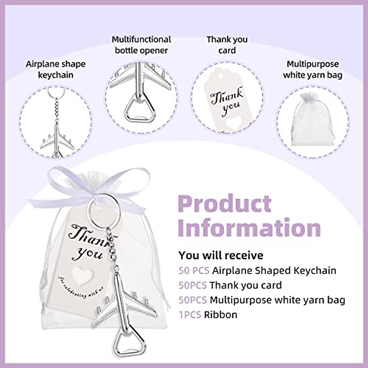 50Pcs Airplane Bottle Openers with Keychain & Keyrings for Wedding Favors, Bridal Shower Gifts for Guests or to make flight attendant gifts for a trip，Include White Sheer Favor Bag Thank You Card