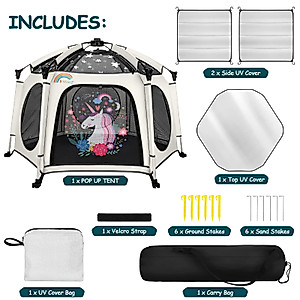 Baby Playpen for Babies and Toddlers, Indoor & Outdoor Portable Play Yard for Baby, Foldable Baby Beach Tent with Canopy and Travel Bag - Beige