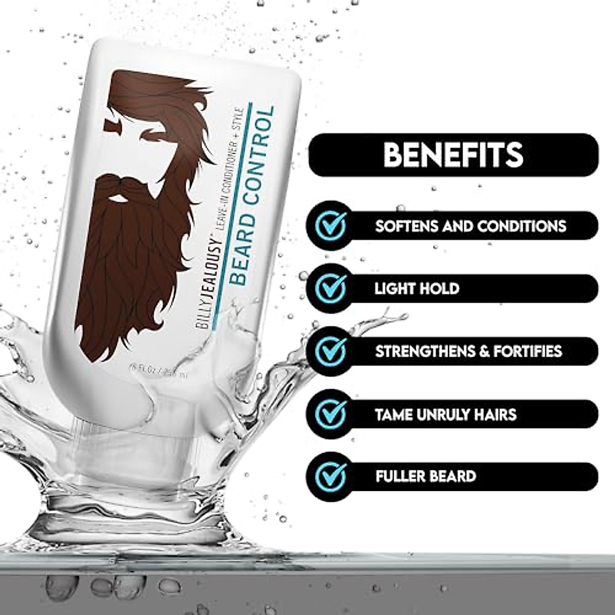 Billy Jealousy Original Beard Control Leave In Beard Conditioner for Men with Aloe Leaf Juice and Jojoba Seed Oil, Softens Hair and Skin, Light Hold with Matte Finish, 8 Fl Oz
