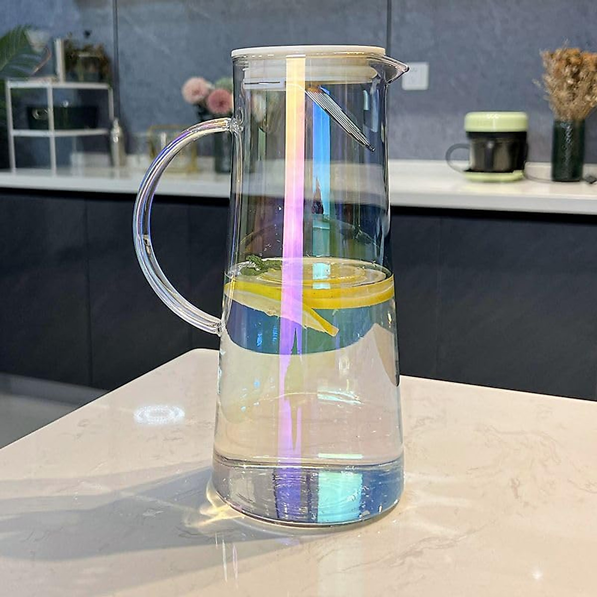 LWXPAIYY Glass Water Pitcher with Lid Spout 64oz,Iced Lemonade Juice Sangria Drink Pitchers with Handle for Fridge,Ice Tea Beverage Hot Water Borosilicate Glass Large Carafe(Iridescent)