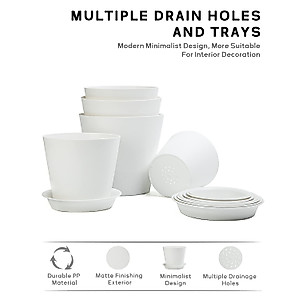 LaDoVita 7 Pack Plastic Plant Pots Indoor, 7/6.5/6/5.5/5/4.5/4 Inch Modern Planters for Plants, Flower Pots with Drainage Holes and Trays, White
