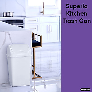 Superio Kitchen Trash Can 13 Gallon with Swing Lid, Plastic Tall Garbage Can Outdoor and Indoor, Large 52 Qt Recycle Bin and Waste Basket for Home, Office, Garage, Patio, Restaurant (White)