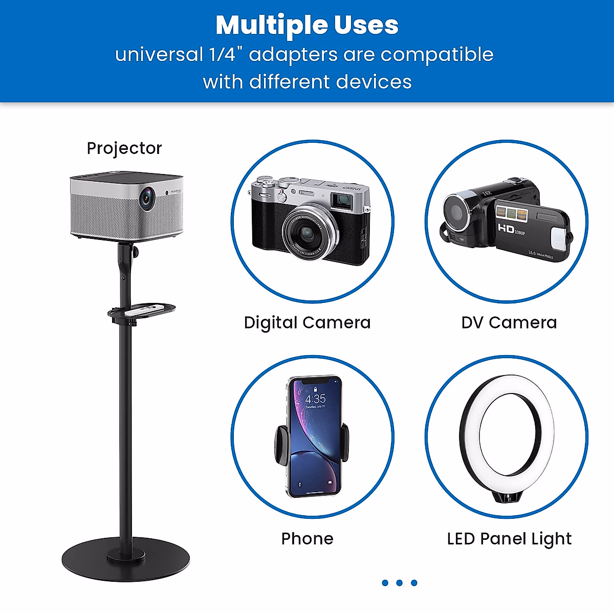 Mount-It! Dual Use Projector Stand, 2 Mounting Options: 1/4" Screw and Platform Portable Projector Stand For Mini Projectors Adjustable Height Floor Stand 13.2 lb load, For Home, Office, Studio, DJs