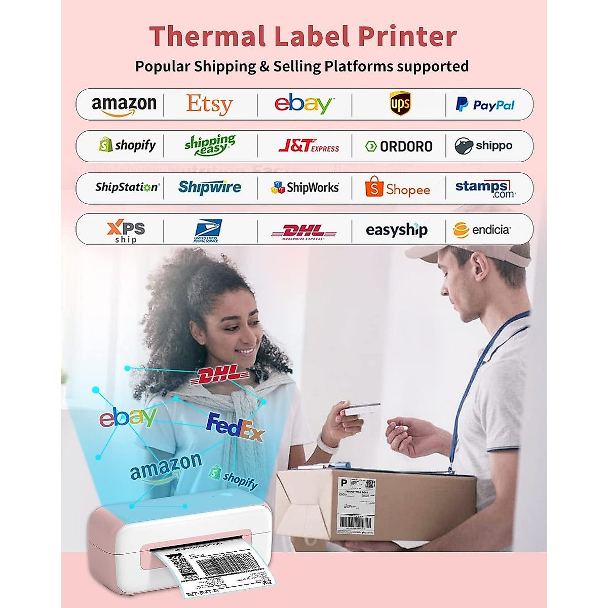 Pink Label Printer, Thermal Label Printer 4x6, Shipping Label Printer for Small Busines, Thermal Printer Compatible with Amazon, Ebay, Shopify, Etsy, UPS, FedEx, DHL, etc