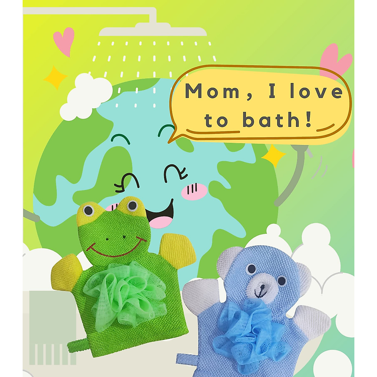 Kids Bath Mitts Loofah for Kids 2 Pack Exfoliating Glove Body Scrubber for Shower Wash Cute Design Gloves, Easy to Lather