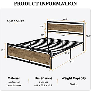 SHA CERLIN Queen Size Metal Platform Bed Frame with Wooden Headboard/Heavy Duty Bed Frame with 13 Strong Slats Support/Large Storage/Mattress Foundation/Noise-Free/No Box Spring Needed, Brown