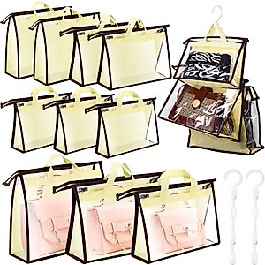 Shappy 10 Pieces Clear Handbag Storage Organizer with 2 Hangers Anti Dust Purse Storage Bags with Zipper and Handle Moisture Proof Organizer Bags for Closet Hanging, 3 Assorted Sizes (Beige)