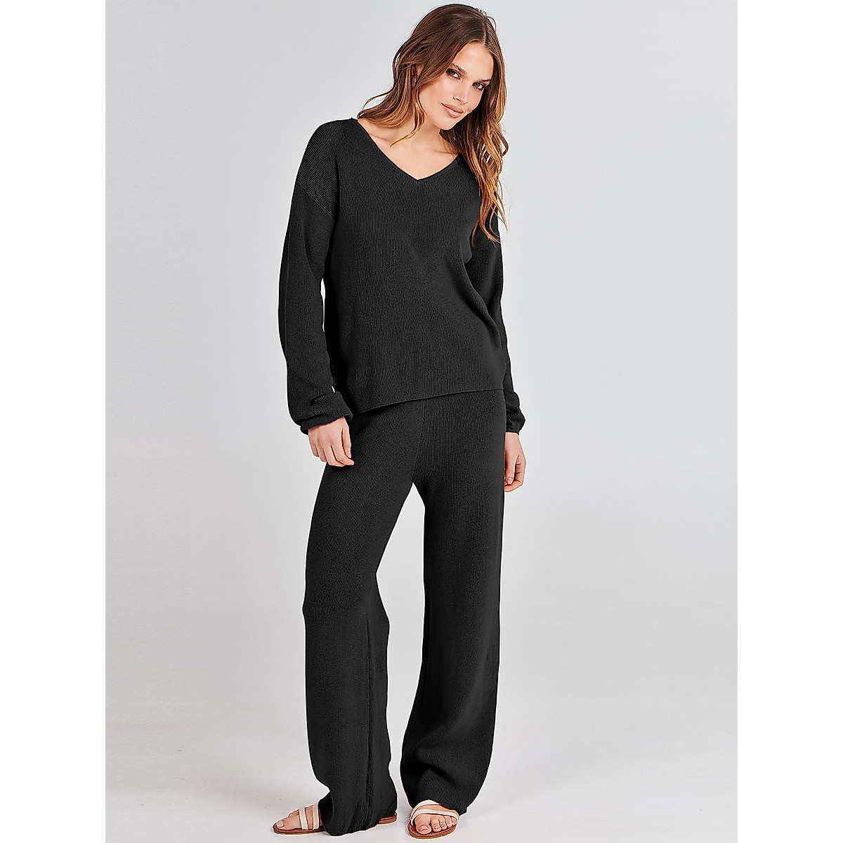 ANRABESS Women 2 Piece Outfits Sweater Lounge Sets Long Sleeve Cable Knit Pullover and Wide Leg Pants Tracksuit Matching Set Black Small