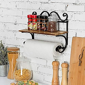 MyGift Wall Mounted Black Metal Kitchen Paper Towel Holder and Burnt Solid Wood Storage Display Shelf Spice Rack with Vintage Scrollwork Design
