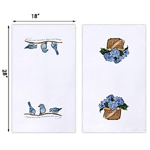 Blue Birds Flower Kitchen Dish Towel 18 x 28 Inch Set of 2, Seasonal Spring Summer Hydrangea Tea Towels Dish Cloth for Cooking Baking
