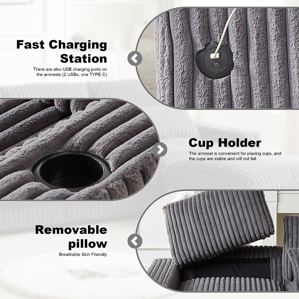 BUIORD 128" Oversized Modular Corduroy Sofa,L-Shaped Upholstered Sofa with Ottoman&Cup Holders,4-Seater Convertible Sofa with Charge Port&Waist Pillows&Back Cushion for Living Room (Grey)