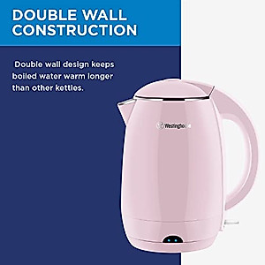 Westinghouse Electric Cordless Kettle - Crafted with 1.8L Capacity, Double Wall Housing, Auto Shutoff, Stainless, Steel Interior, Concealed Heating Element, and 360° Swivel Base and Cord Storage (Pink)