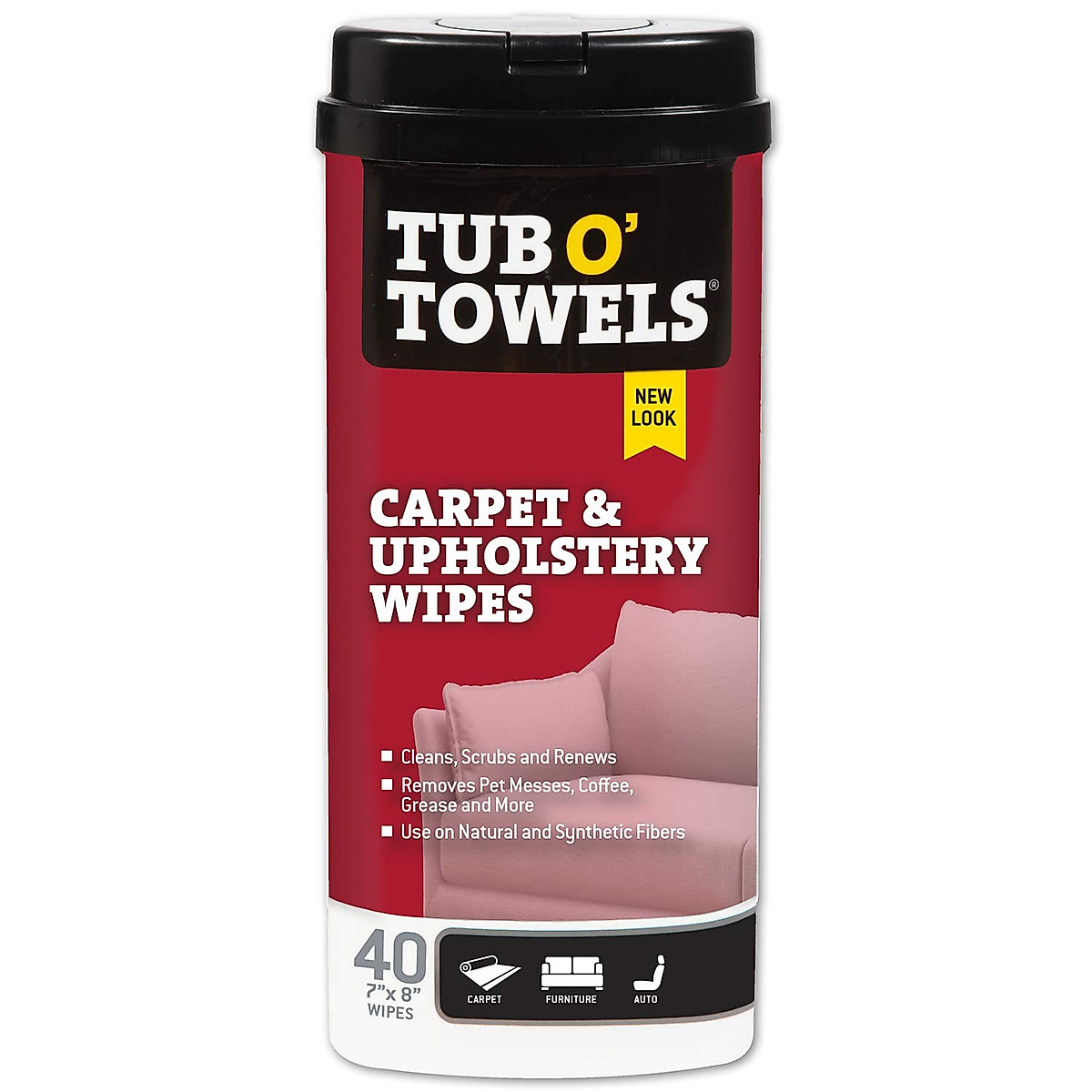 Tub O' Towels Carpet, Rug, and Upholstery Cleaning Wipes - Extra Strength Stain Remover, Odor-Fighting Power, Safe on Natural & Synthetic Fibers, 40-7” x 8” Wipes Per Tub, 1-Pack, Light Citrus Scent