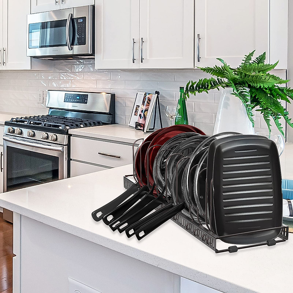 Puricon Expandable Pot and Pan Organizer for Cabinet with 10 Dividers, Adjustable Pots and Pans Organizer Rack Pan Lid Cookware Bakeware Baking Storage Holder for Kitchen Countertop Pantry -Bronze