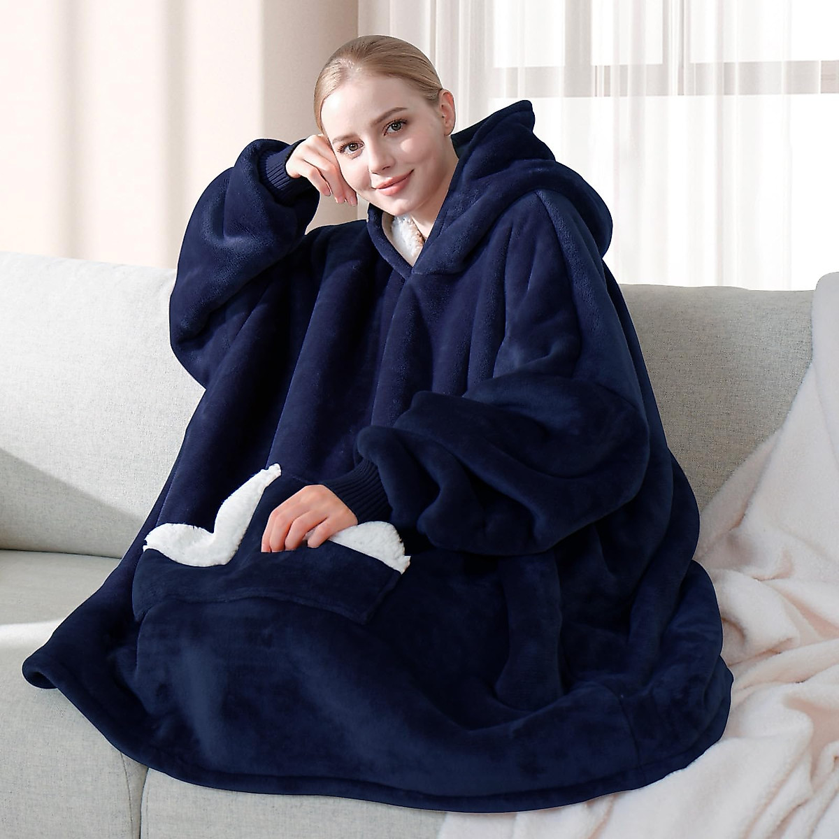 Touchat Wearable Blanket Hoodie, Oversized Sherpa Blanket Sweatshirt with Hood Pocket and Sleeves, Super Soft Warm Comfy Plush Hooded Blanket for Adult Women Men, One Size Fits All (NavyBlue)