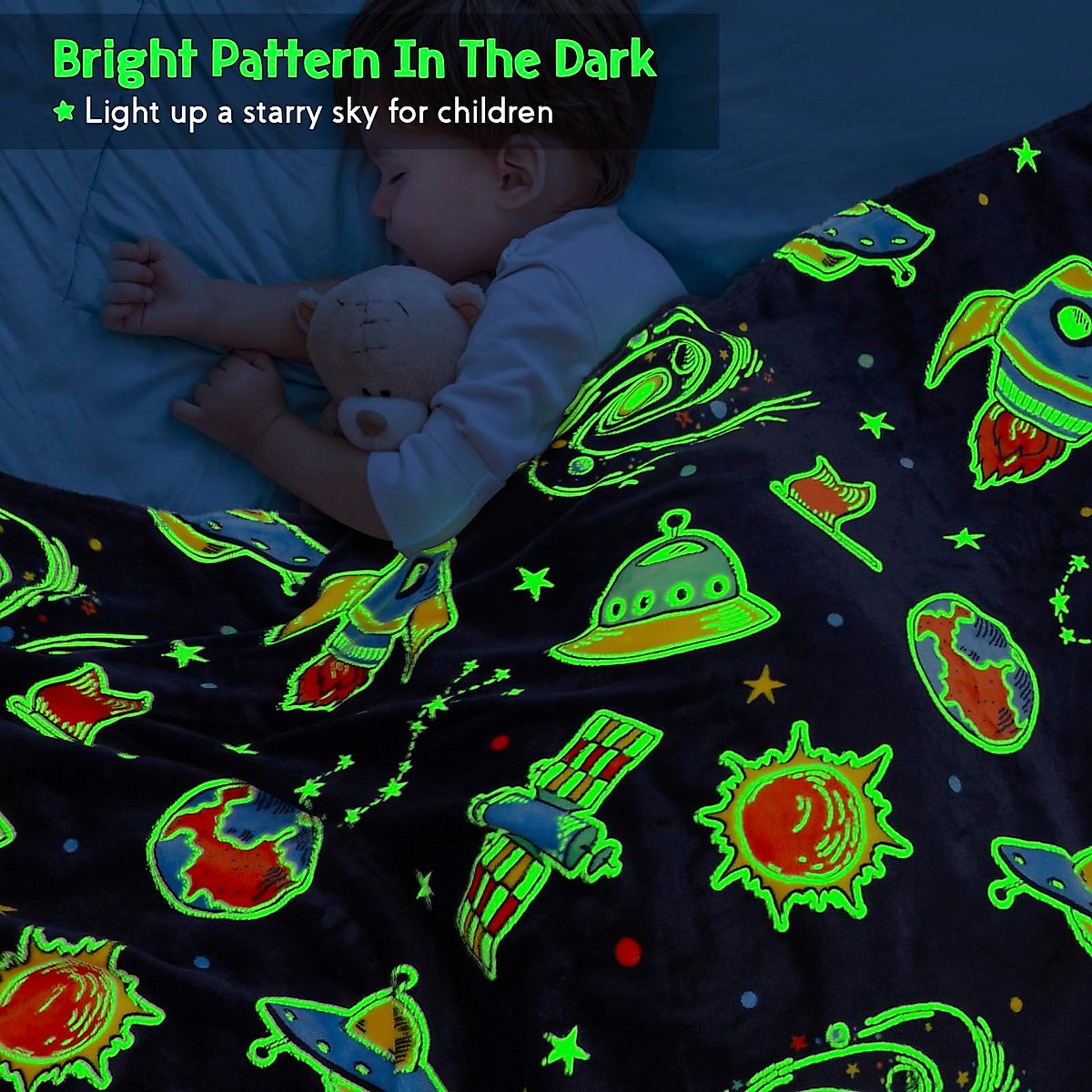 Space Toys Gifts for Boys Girls - Glow in The Dark Galaxy Blanket Christmas Birthday Valentine's Day Easter Present for Kids Age 1 2 3 4 5 6 7 8 9 10 Year Old Child Star Planet Spaceship Throw 50"x60"