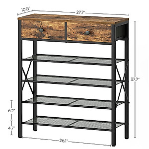 YATINEY 5 Tier Shoe Rack, Large Capacity Shoe Storage Organizer, Metal Shoe Shelf with Drawer and Wooden Top, for 16 Pairs of Shoes, for Entryway, Closet, Rustic Brown and Black SS25BR